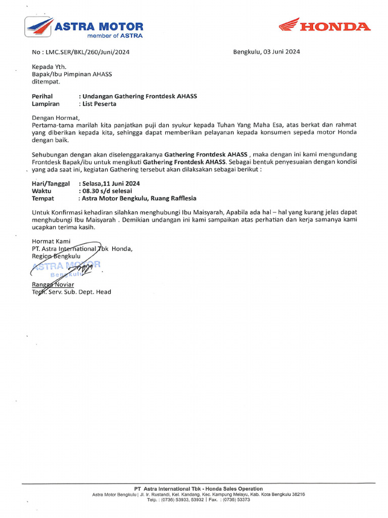 260_Undangan Gathering Frontdesk AHASS (1) | PDF