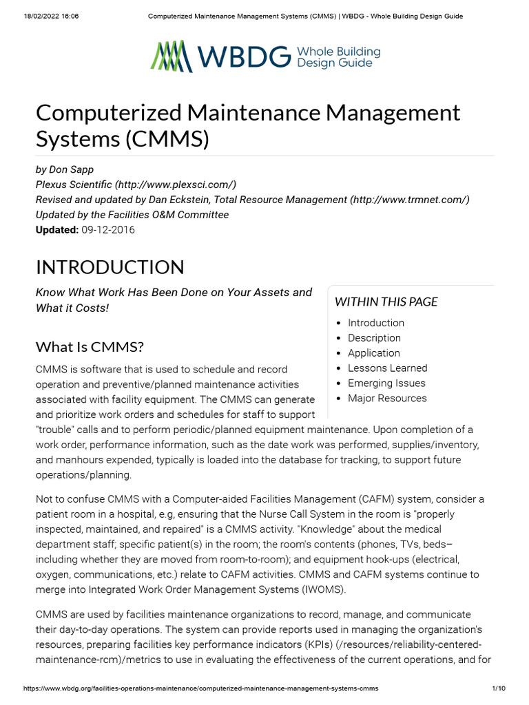 Computerized Maintenance Management Systems (CMMS) - WBDG - Whole Building Design Guide | PDF ...