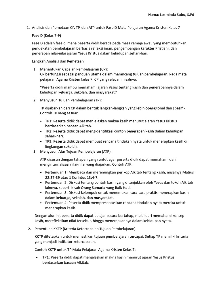 Analisis Dan Pemetaan CP, TP, Dan ATP Untuk Fase D Mata Pelajaran Agama Kristen Kelas 7 Fase D ...