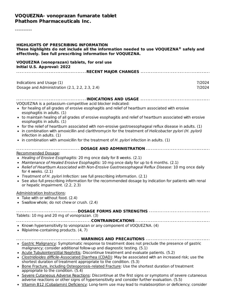 VOQUEZNA-vonoprazan Fumarate Tablet Phathom Pharmaceuticals Inc | PDF ...