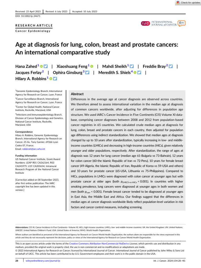 Intl Journal of Cancer - 2023 - Zahed - Age at Diagnosis For Lung Colon ...