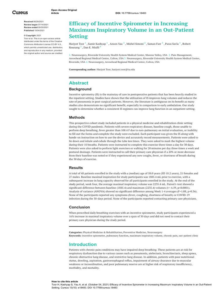 Efficacy of Incentive Spirometer in Increasing Max | PDF | Breathing ...