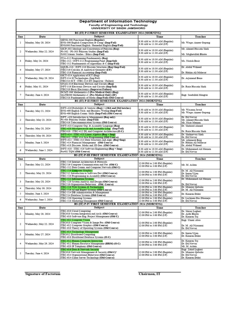 Schedule of First Semester Examination 2024 - Morning (IT-SWE-DS) | PDF ...