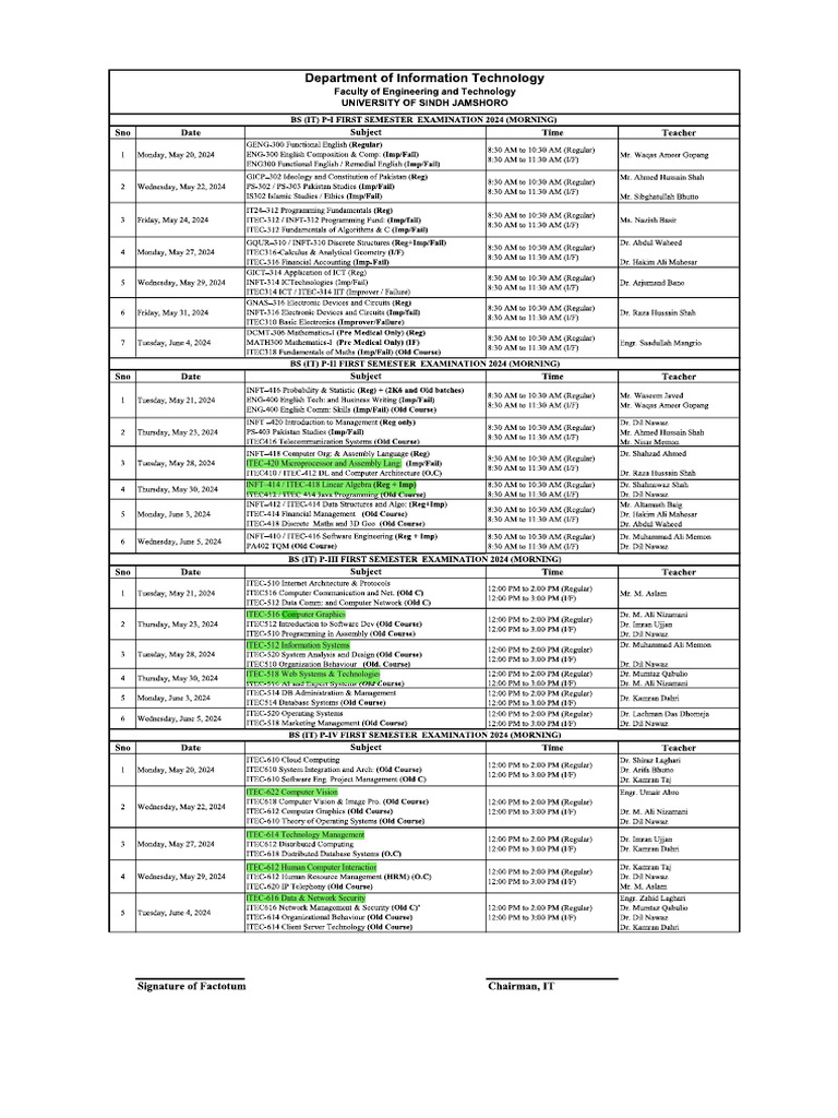 Schedule of First Semester Examination 2024 - Morning (IT) | PDF