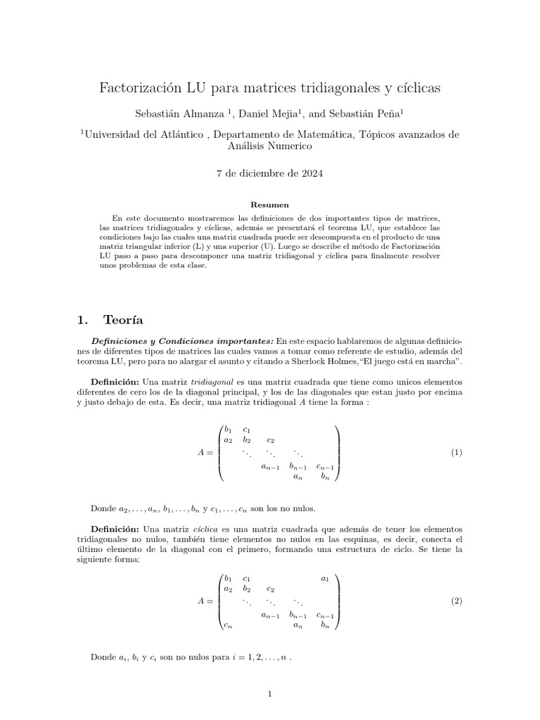 Factorización LU en Matrices Tridiagonales | PDF | Matriz (Matemáticas) | Matemáticas