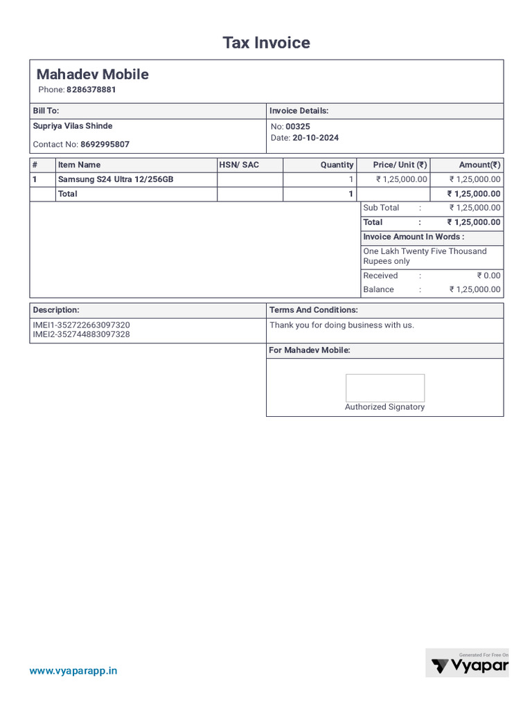 Tax Invoice for Samsung S24 Ultra | PDF