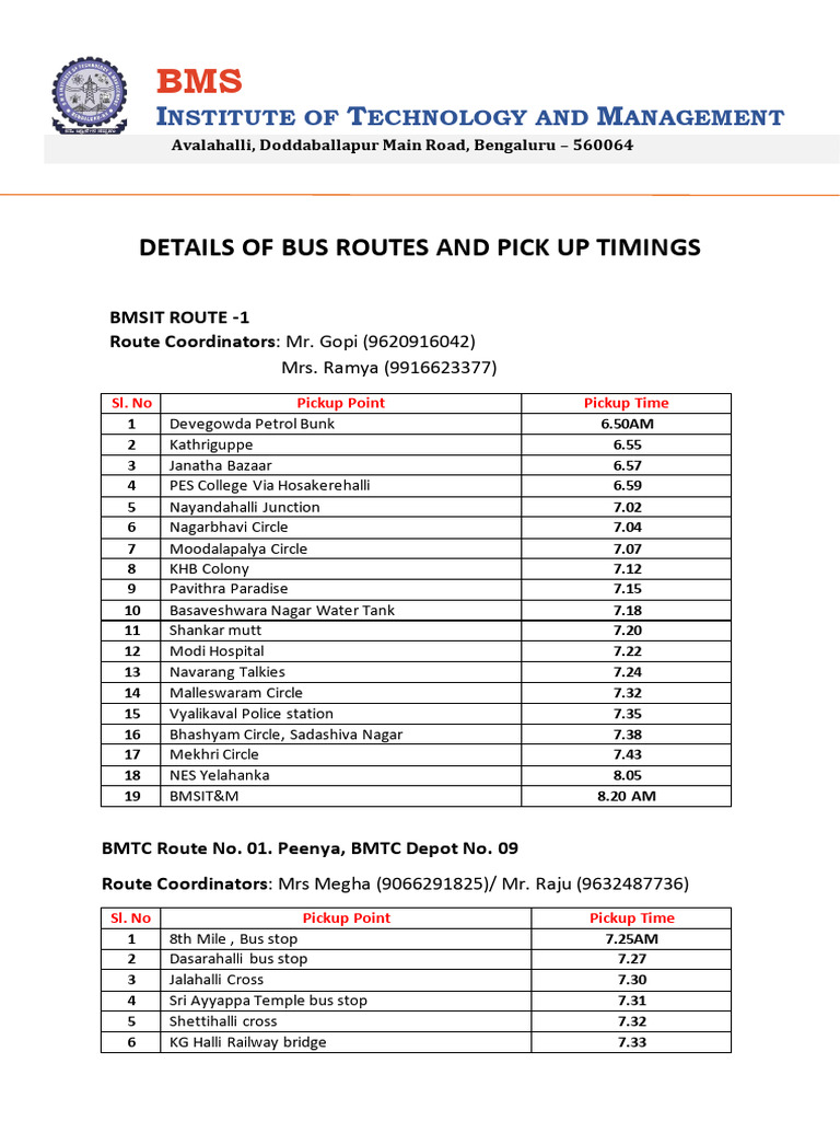 Bus Route List 2023-24 | PDF | Road Transport | Bangalore