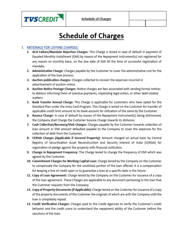 Schedule of Charges - V2.2 | PDF | Debt | Loans