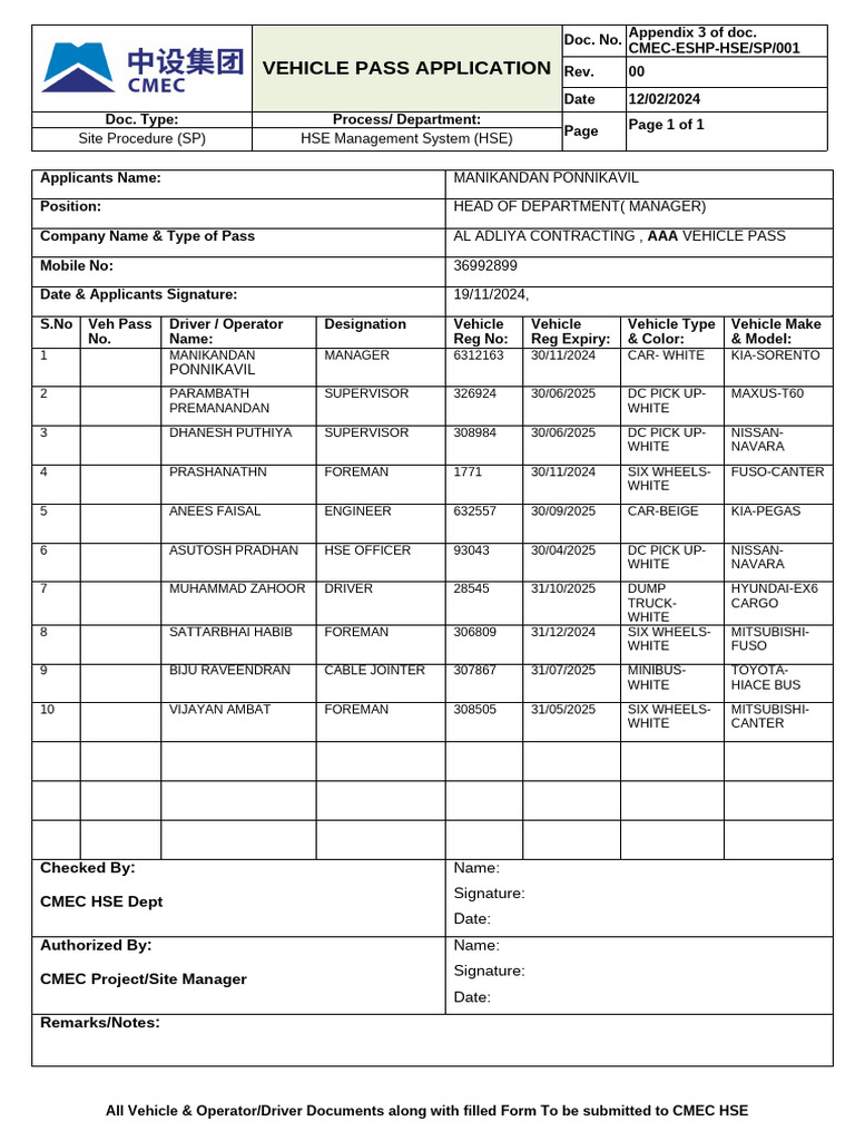 CMEC-ESHP-HSE-SP-001_Appendix_3_Vehicle_Pass_Application[1] | PDF ...