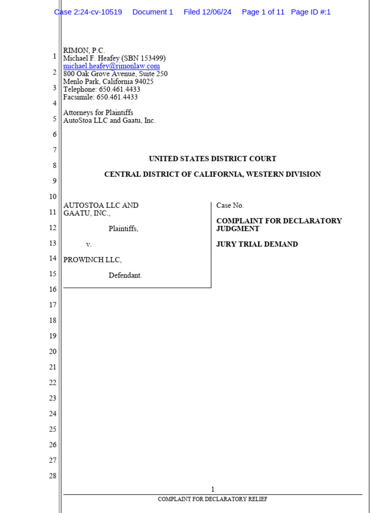 Autostoa v. Prowinch - Complaint | PDF | Declaratory Judgment | Legal ...