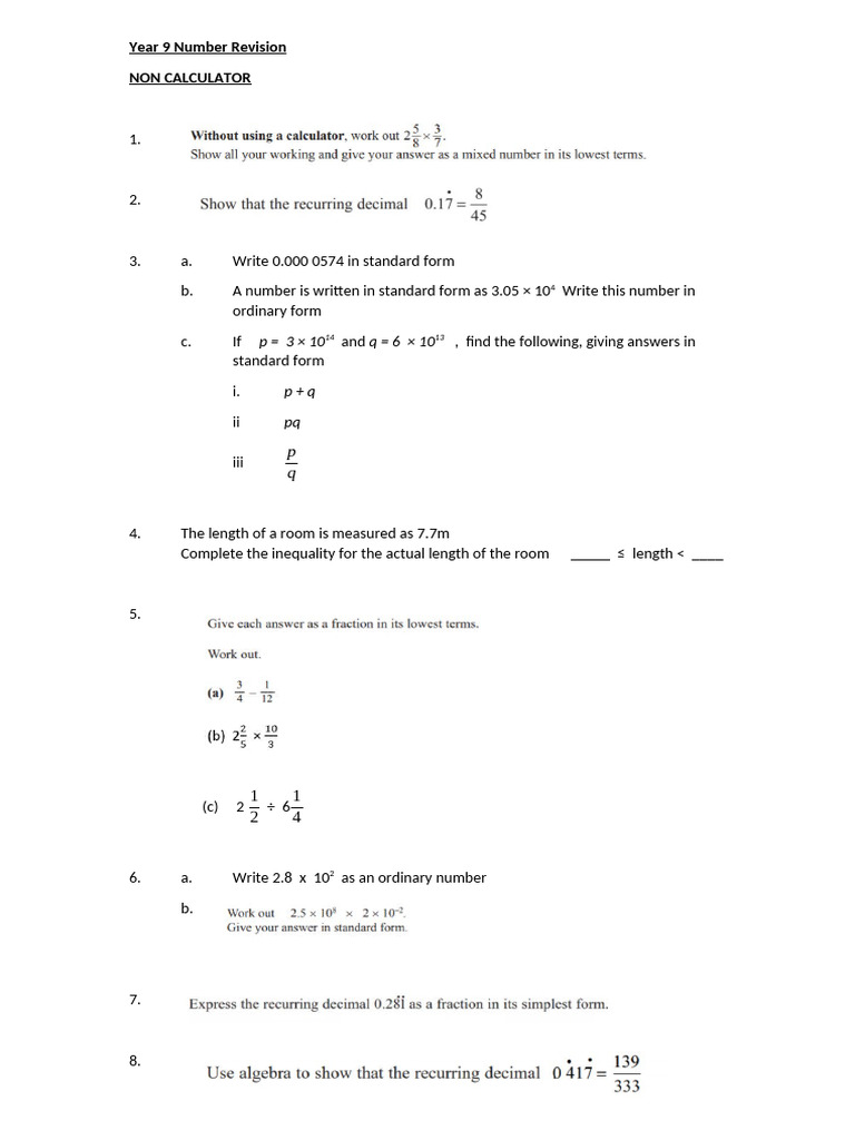 Year 9 Revision Sheet -2024 Monday - Copy | PDF