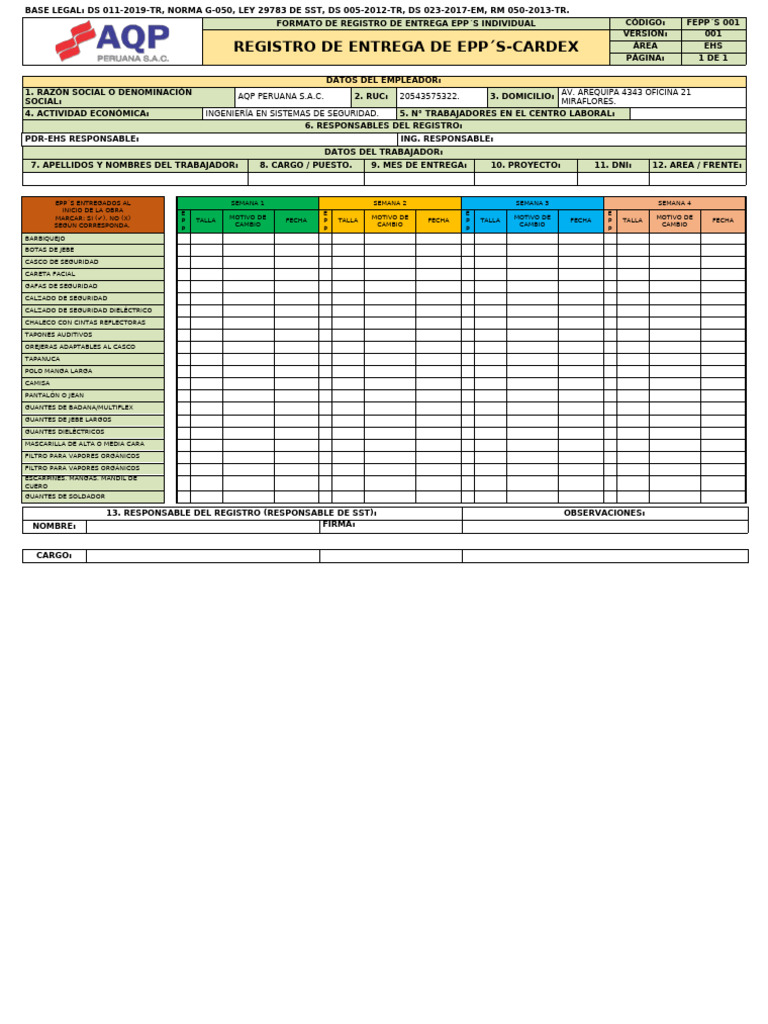 REGISTRO DE ENTREGA DE EPP´S INDIVIDUAL | PDF