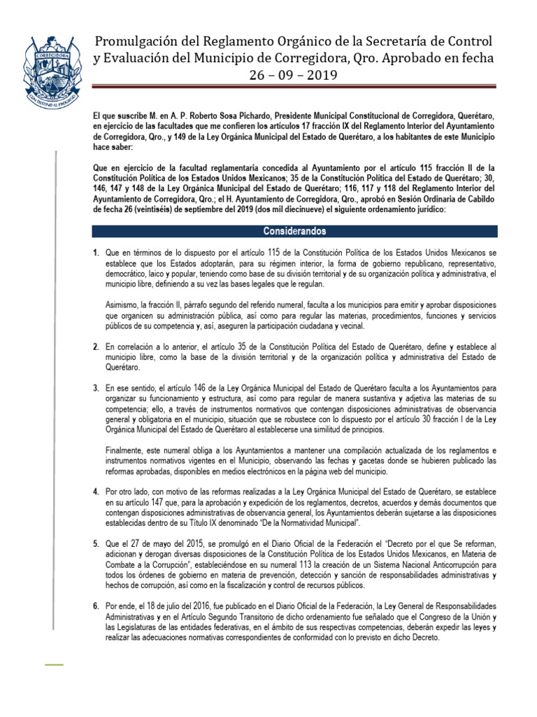 Reglamento Orgánico de Control en Corregidora | PDF | Regulación ...