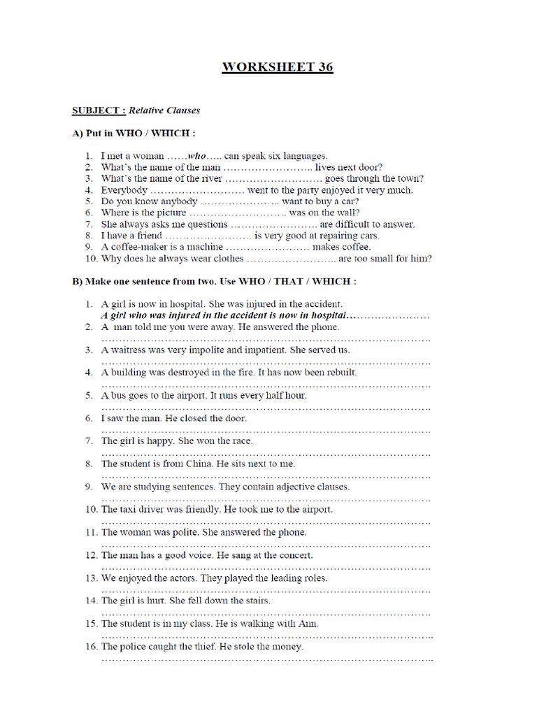 Worksheet 36 y 37, Relative Clauses 1 y 2 | PDF