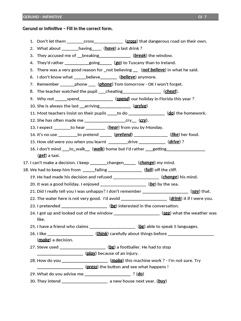 Gerund or Infinitive Exercise G7 | PDF