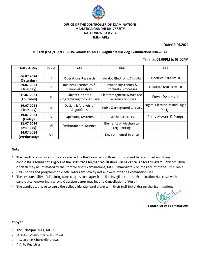 B.tech Sem IV Reg& Back and VI Regular Time Table, July-2024 | PDF ...