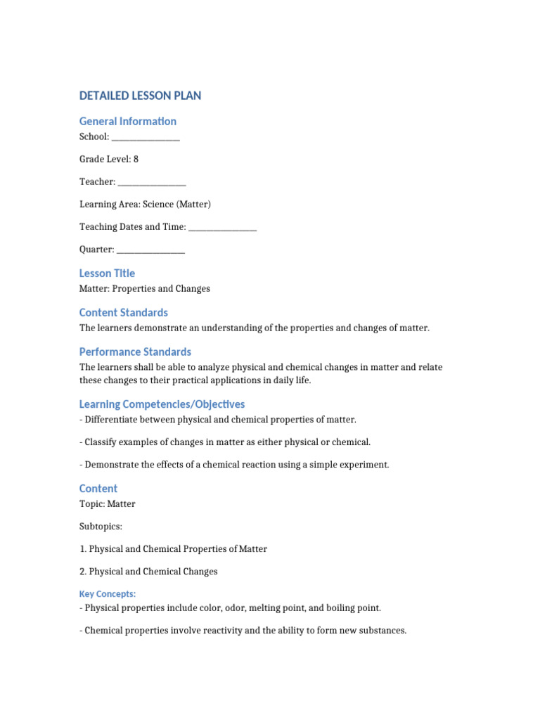 Grade8_Lesson_Plan_Matter | PDF | Chemical Substances | Lesson Plan