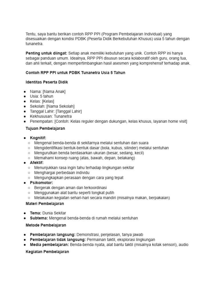 Contoh RPP PPI Dengan Kondisi PDBK Usia 5 Tahun A... - Google Dokumen | PDF