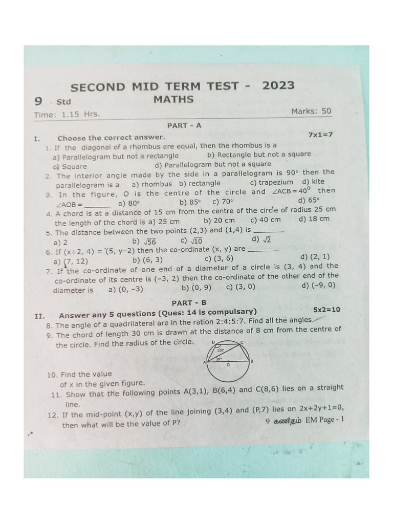 Grade 9 Maths Mid Term Question Paper 2023 | PDF