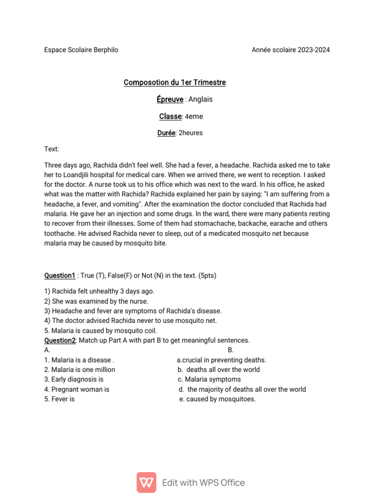 4eme Anglais compo | PDF | Malaria | Health Sciences