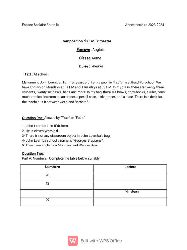 6eme Anglais Compo 1er Trimestre-WPS Office | PDF