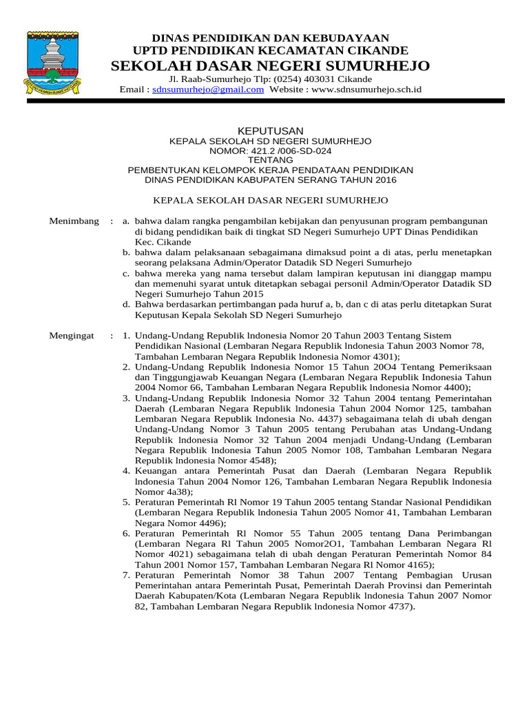 Contoh SK Operator Sekolah Dapodik | PDF