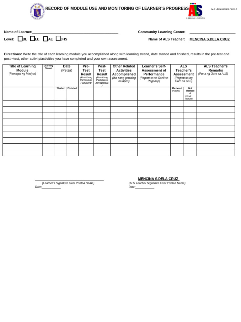 ALS Learner Progress Monitoring Form | PDF | Learning | Behavior ...