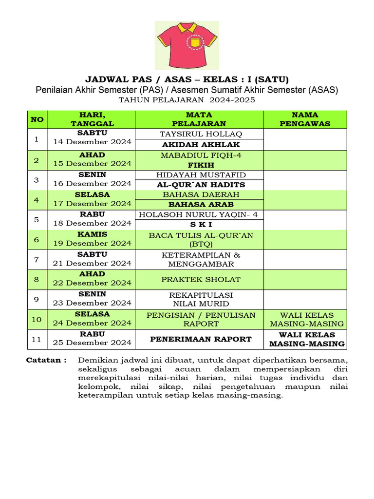Jadwal ASAS Kelas 1 | PDF