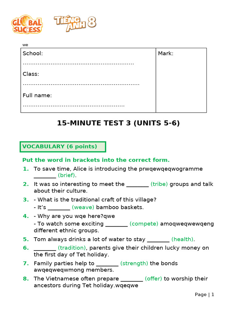 15-Minute Test 3 (Semester 1) | PDF