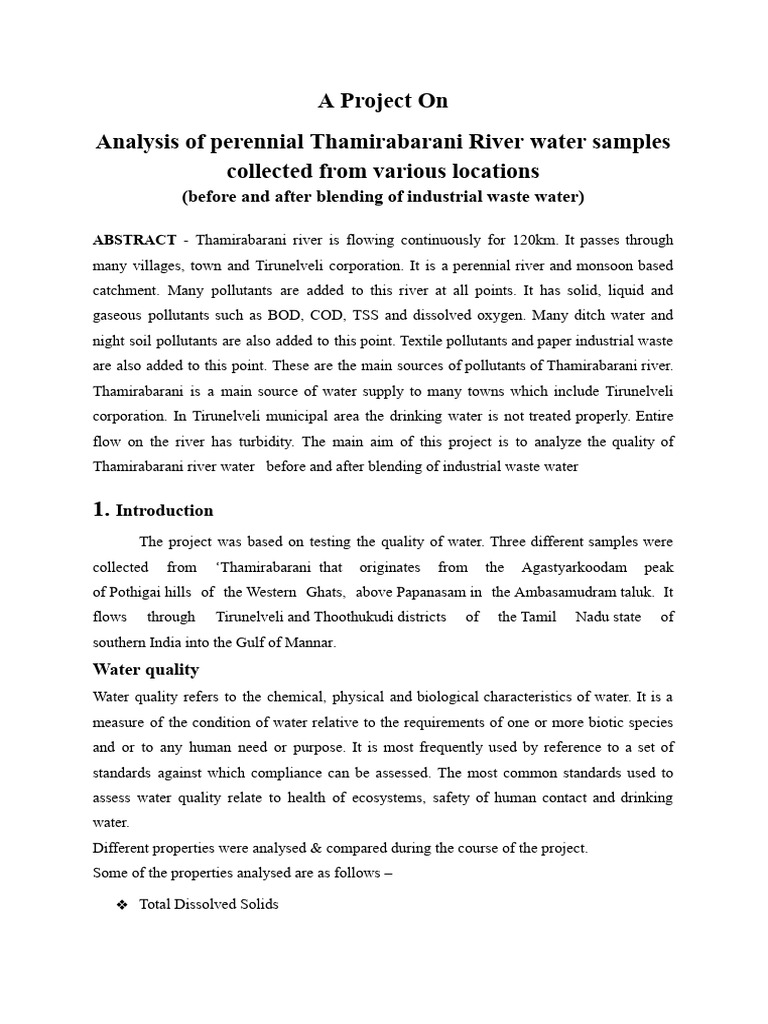 A Project On Thamirabarani River Water-2 | PDF | Water Quality | Water