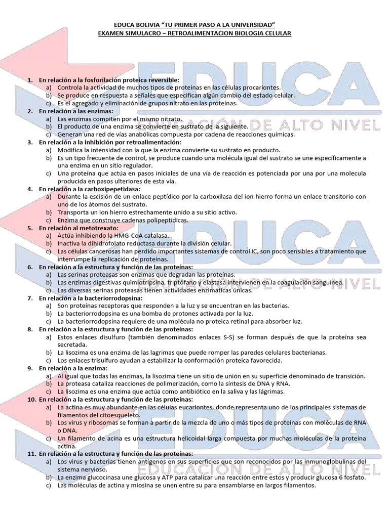 Examen Simulacro Biologina Celular Retroalimentacion Tema 4 | PDF | Proteínas | Enzima
