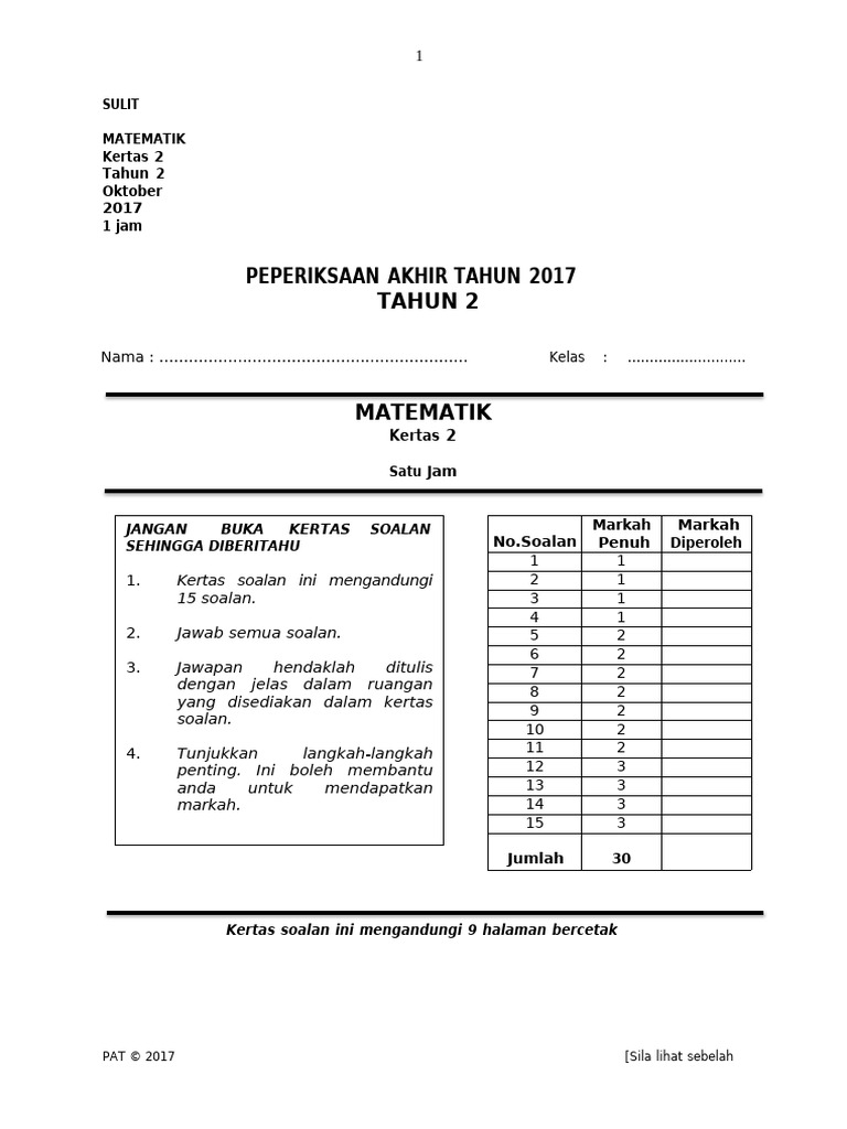 Ujian-Akhir-Tahun-KSSR-Tahun-2-Matematik-Kertas2-Set1 | PDF