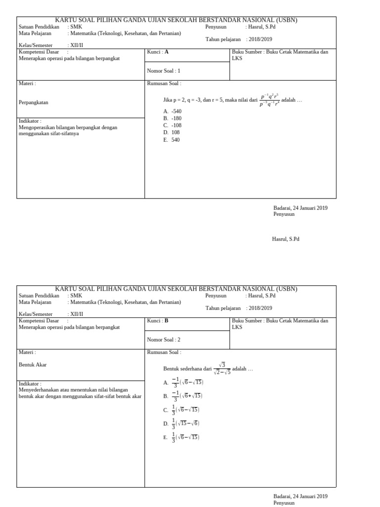 Kartu Soal Matematika | PDF