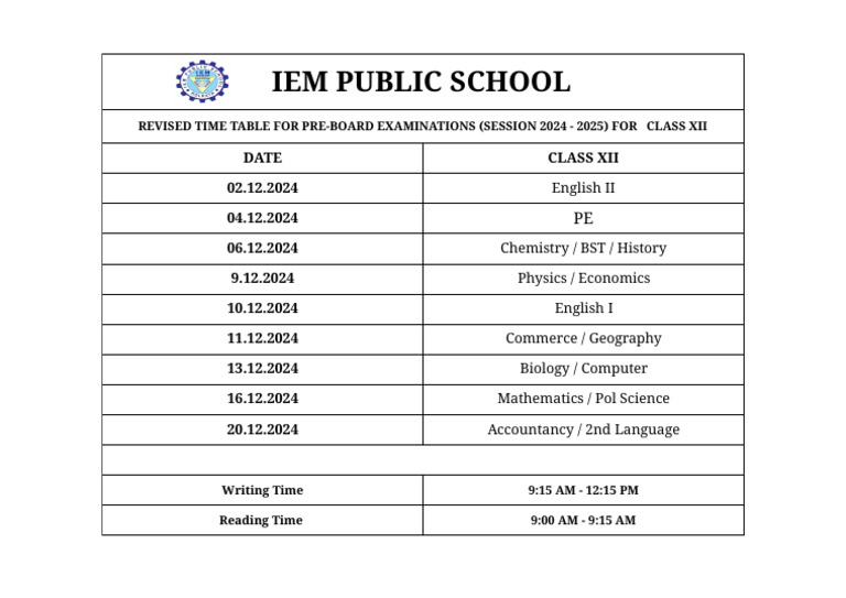 IEM Class XII Pre-Board Exam Timetable | PDF