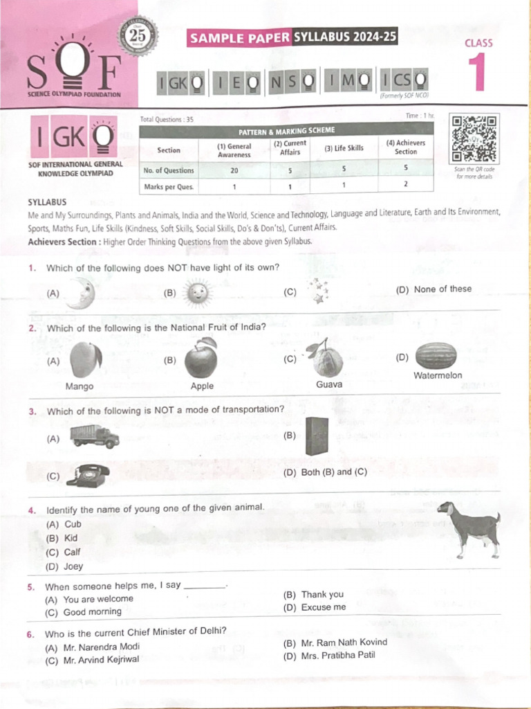 Class 1 SOF Exam Sample Question Papers 2024 25 | PDF