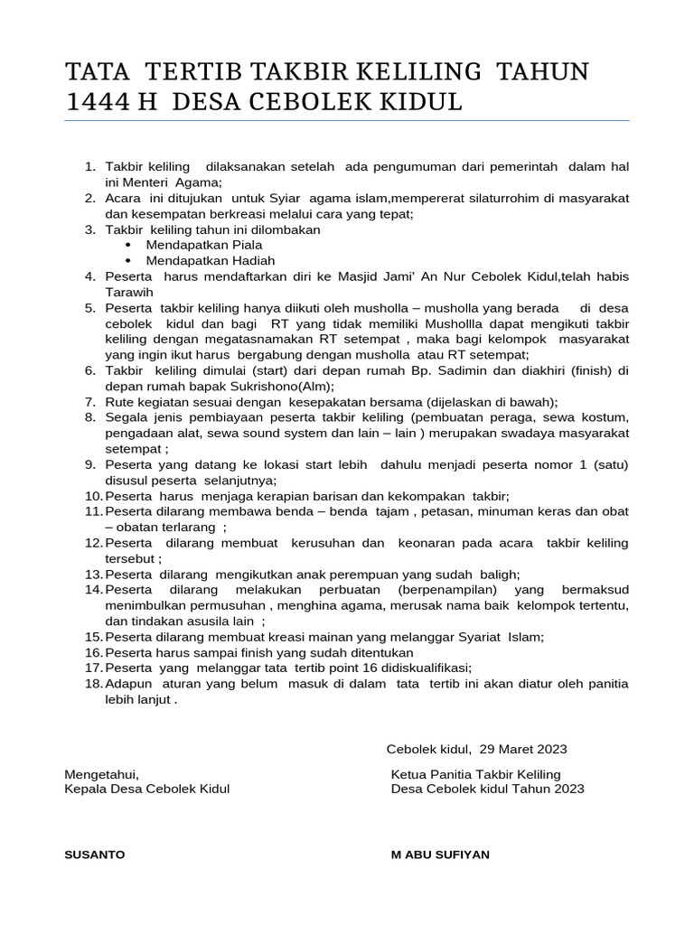 Tata Tertib Takbir Keliling Tahun 1436 H | PDF