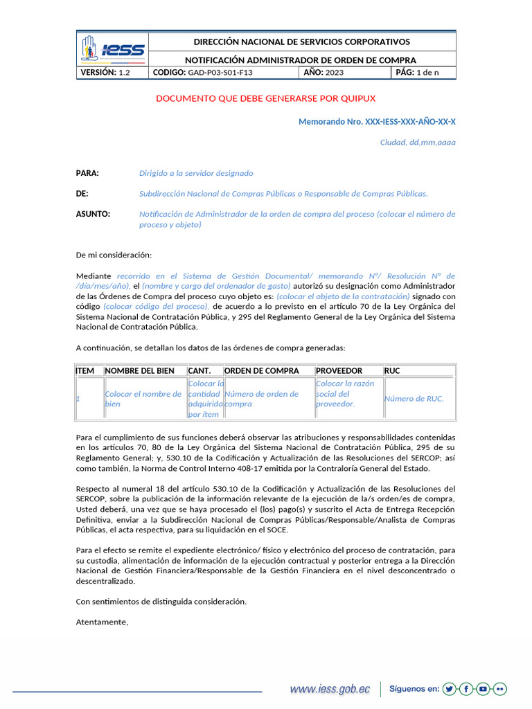 GAD-P03-S01-F13 Notificación Administrador Orden de Compra Solo Infimas | PDF