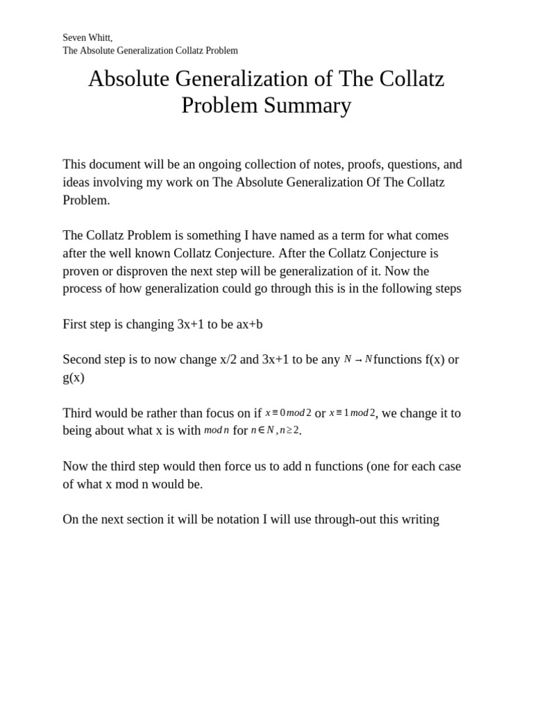 Absolute Generalization of The Collatz Problem | PDF | Mathematical Objects | Mathematical Logic