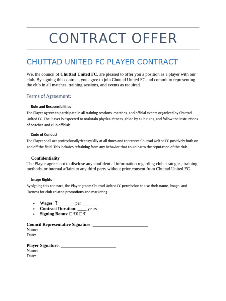 Chuttad United FC Player Contract Offer | PDF