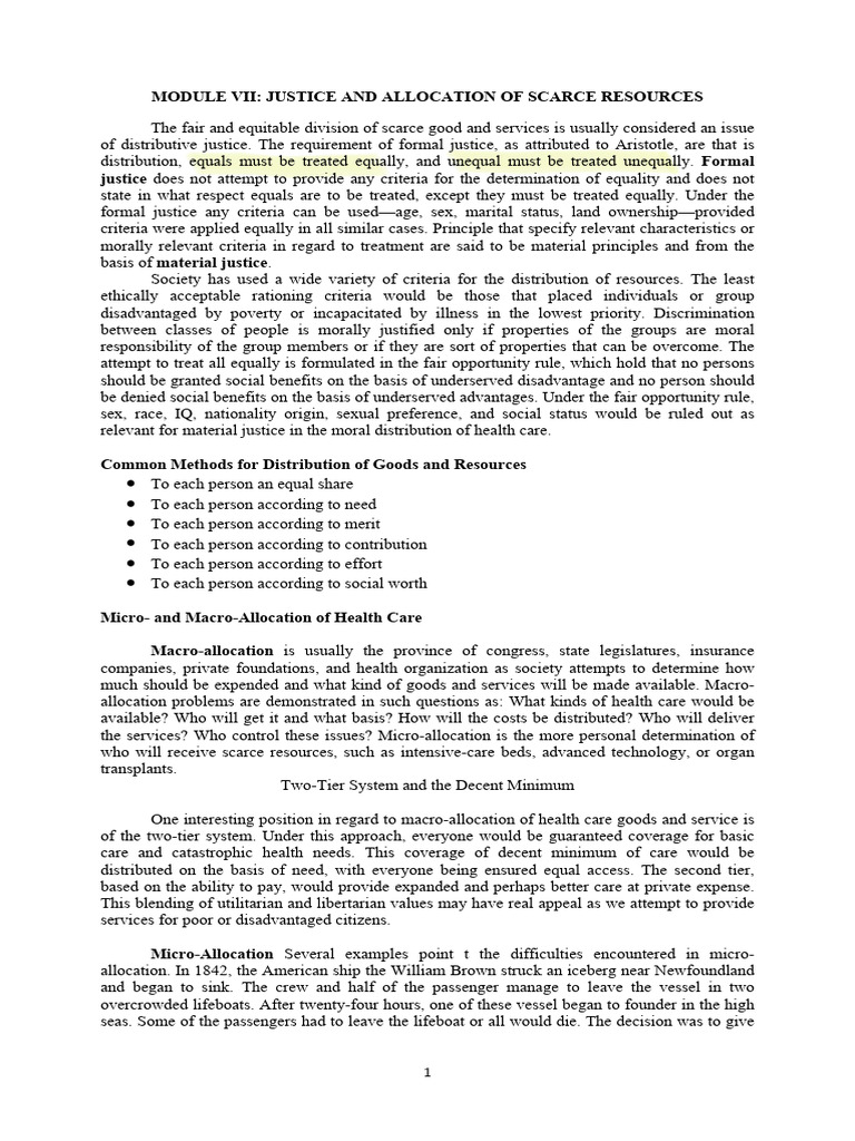 Module VII Justice and Allocation of Scarce Resources | PDF | Justice ...