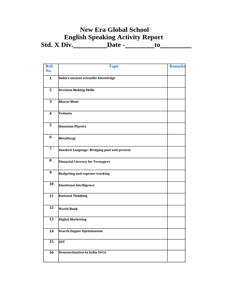 English Speaking Activity Report-X November | PDF