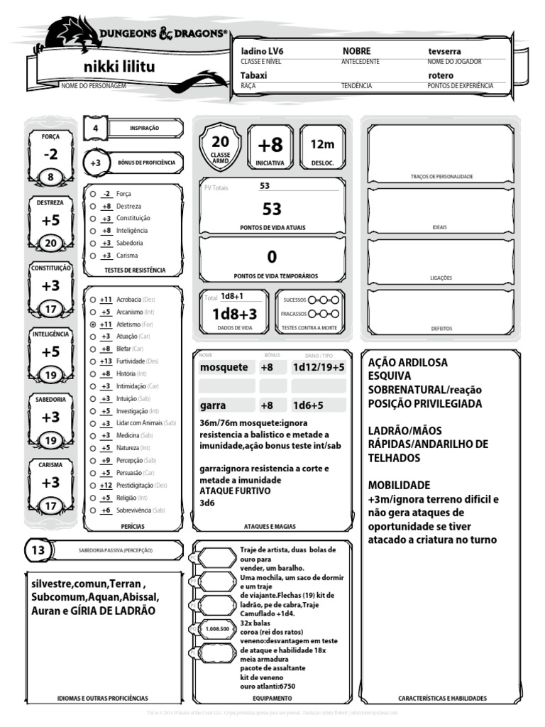 DD 5e Ficha de Personagem Nikki | PDF