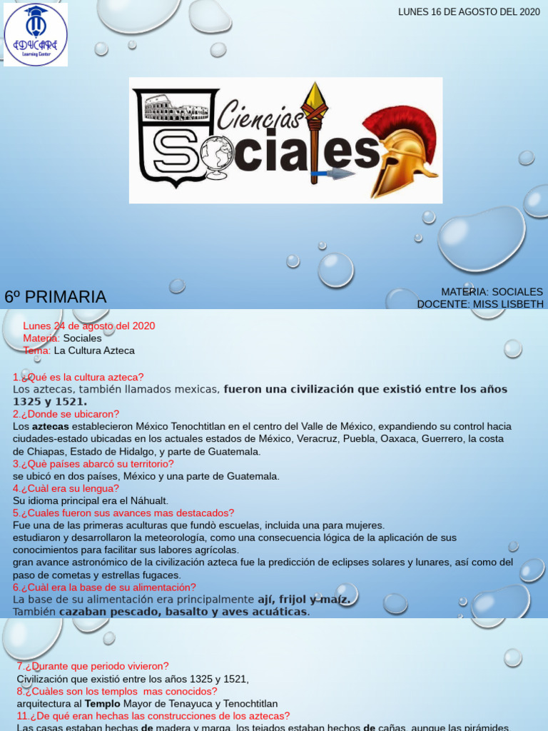 6º Sociales 24 Agos Azteca | PDF | Mesoamérica | Civilización maya