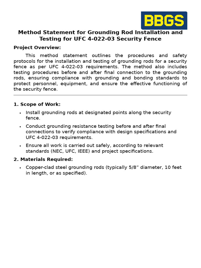 Method Statement For Grounding Installation And Testing Procedure Pdf Electrical Resistance