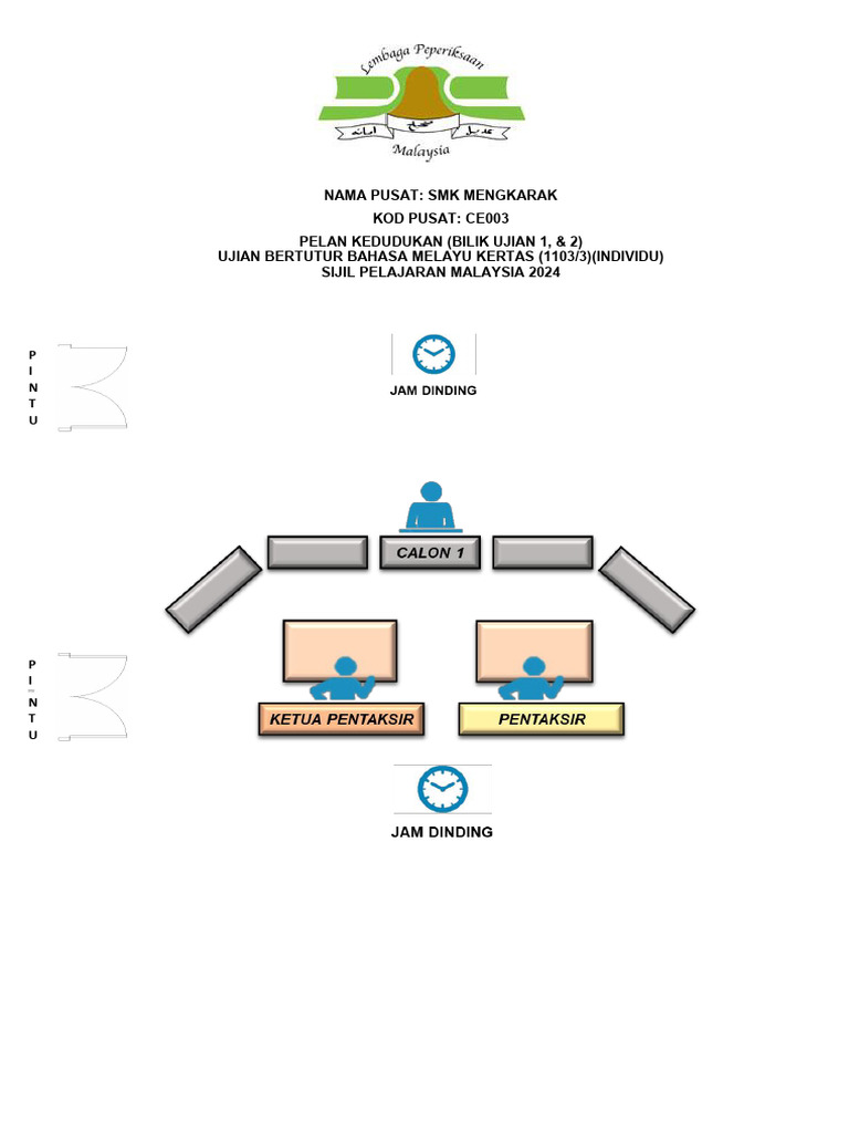 2024 PELAN BILIK UJIAN PEPERIKSAAN BERTUTUR(PINTU MASUK) | PDF