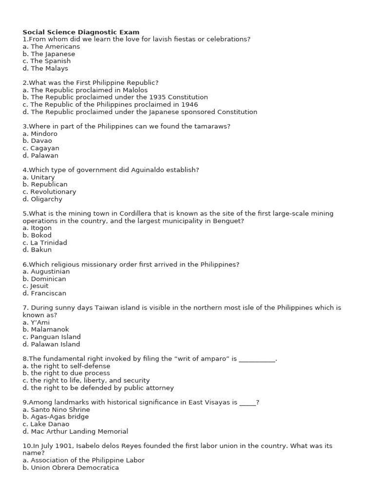 Social Science Diagnostic Exam | PDF | Philippines | Capitalism