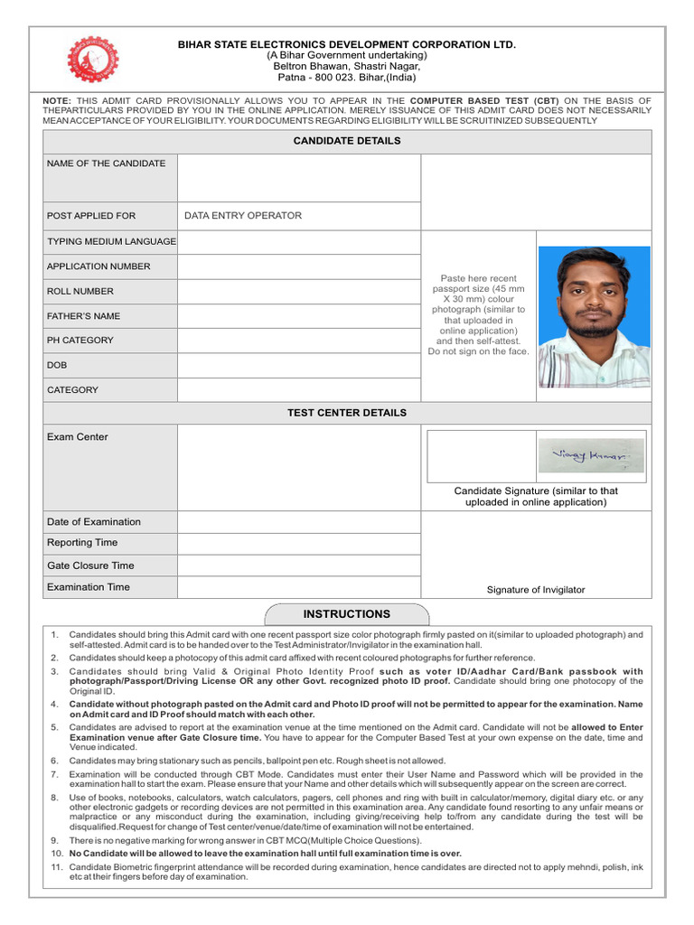 Bihar DEO Exam Admit Card 2024 | PDF