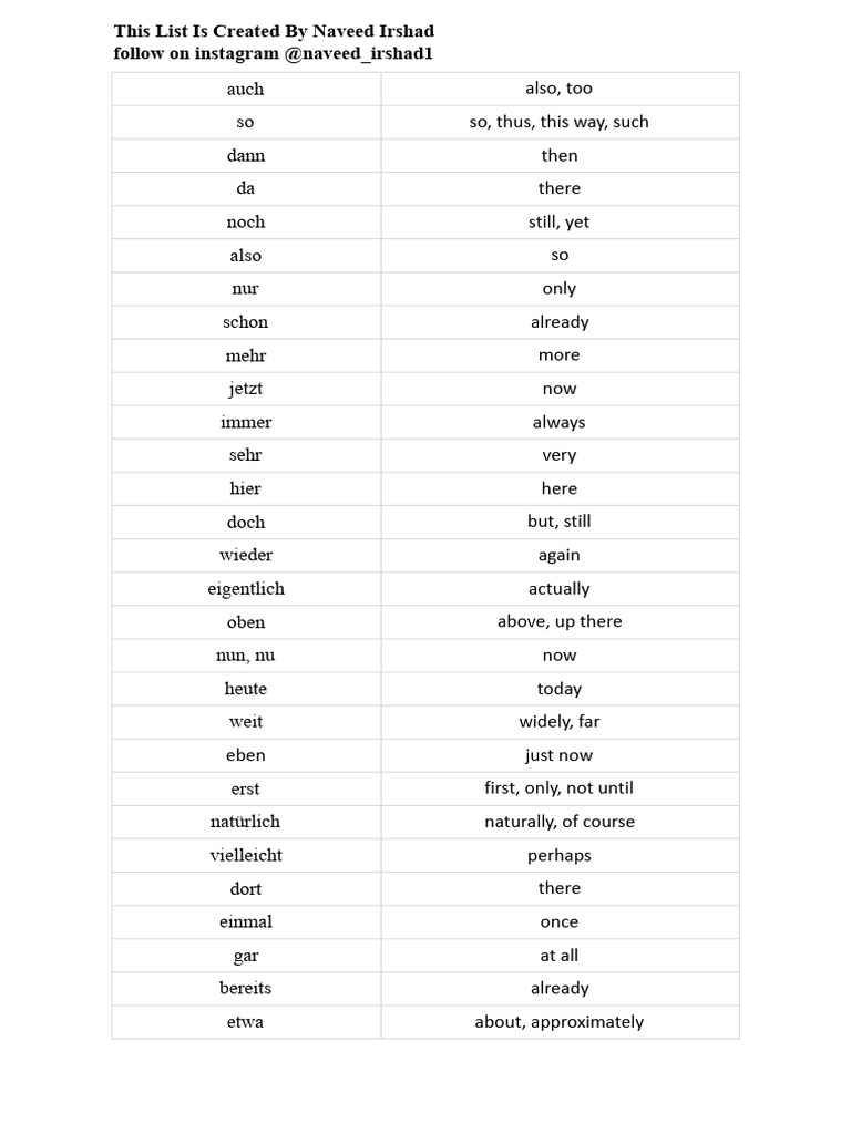 German Adverbs and Connectives List | PDF