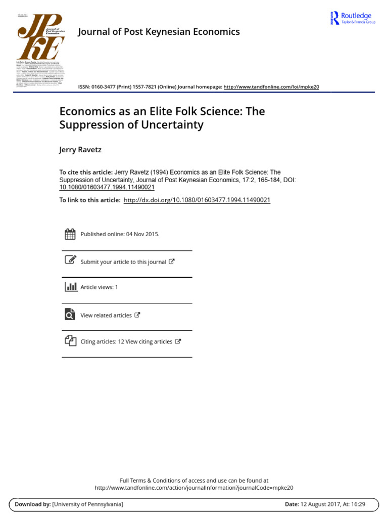 Economics As An Elite Folk Science, J. Ravetz | PDF | Science | Economics