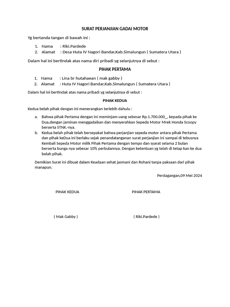 SURAT PERJANJIAN GADAI MOTOR | PDF